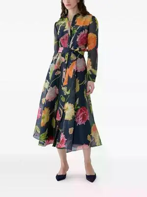 Carolina Herrera Floral Belted Midi Dress - Blue