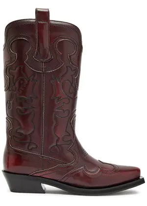 GANNI Embroidered Faux Leather Mid-calf Western Boots - Burgundy