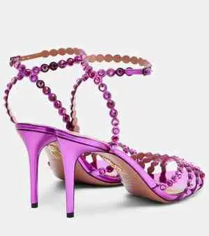 AQUAZZURA Tequila Crystal-embellished Metallic Leather Sandals