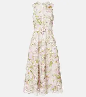 Monique Lhuillier Belted Lace Midi Dress