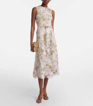 Monique Lhuillier Belted Lace Midi Dress