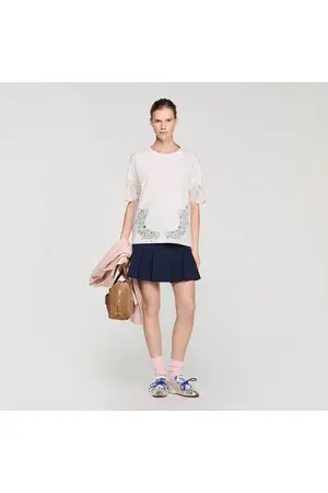 Sandro Cotton T-shirt With Lace Detail - Neutral / White