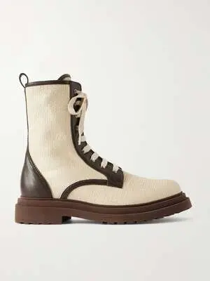 Brunello Cucinelli Lace-up Leather And Canvas Boots - Neutral