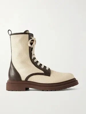 Brunello Cucinelli Lace-up Leather And Canvas Boots - Neutrals
