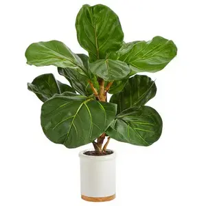 NEARLY NATURAL 21-in Fiddle Leaf Artificial Tree In White Ceramic Planter - Green