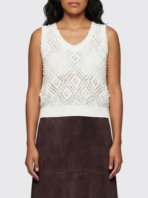 TWINSET Openwork Cotton Blend Knit Top With Pearl Embellishments