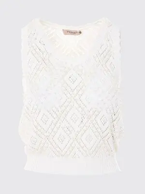 TWINSET Openwork Cotton Blend Knit Top With Pearl Embellishments