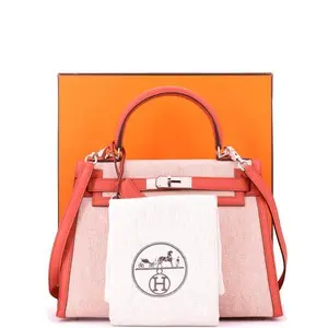 Hermès Kelly Handbag Toile And Brown Swift With Palladium Hardware 28 - Red