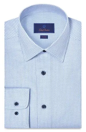 David Donahue Trim Fit Check Cotton Dobby Dress Shirt Sky/blue