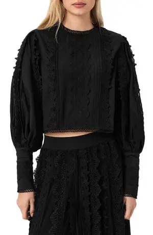 ALLSAINTS Hart Lace Embroidered Bishop Sleeve Top - Black