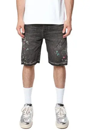 PURPLE BRAND Embroidered Splatter Relaxed Denim Shorts - Black