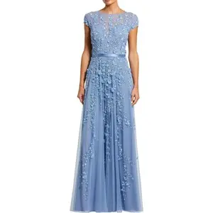 Mac Duggal Petite Floral Embellished Mesh Gown - Sky Blue
