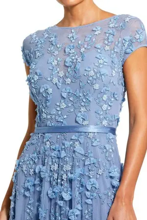 Mac Duggal Petite Floral Embellished Mesh Gown - Sky Blue