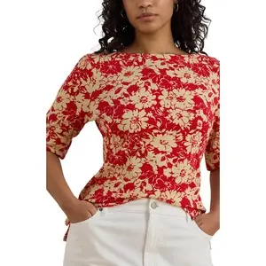 Ralph Lauren Floral Stretch Knit Top - Red/tan