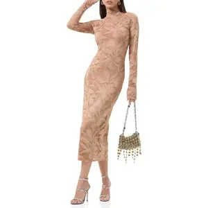 AFRM Shailene Floral Lace Long Sleeve Midi Dress - Almond