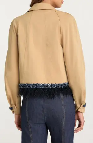 Cinq À Sept Carmila Crop Trench Coat With Sequins And Feather Details
