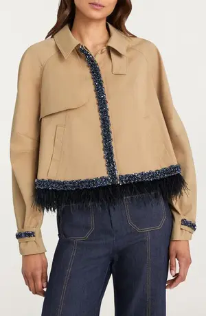 Cinq À Sept Carmila Crop Trench Coat With Sequins And Feather Details