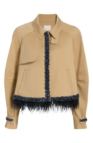 Cinq À Sept Carmila Crop Trench Coat With Sequins And Feather Details