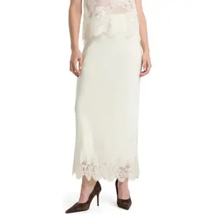 Bardot Elisan Lace Trim Satin Midi Skirt - Ivory