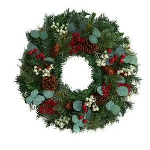 NEARLY NATURAL 24-in Eucalyptus And Pine Artificial Wreath With Berries And Pine Cones - Green