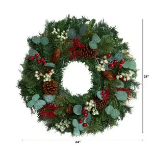 NEARLY NATURAL 24-in Eucalyptus And Pine Artificial Wreath With Berries And Pine Cones