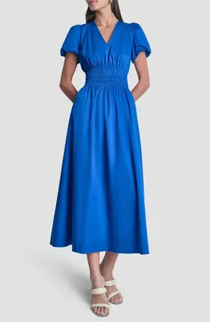Dkny V-neck Smocked Midi Dress - Cobalt