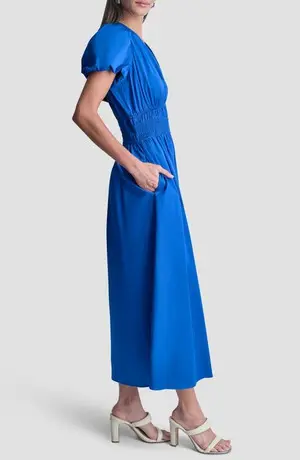 Dkny V-neck Smocked Midi Dress