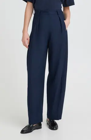 ICHI Iherina Pleated High Waist Pants - Dark Navy