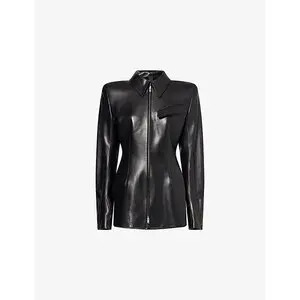 MUGLER Collared Cinched-waist Leather Jacket - Black