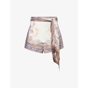 Zimmermann Luna Scarf-tie Linen Shorts - Cream Blue Paisley