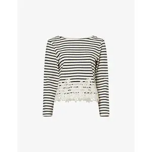 Veronica Beard Hovey Striped Lace-trim Cotton-jersey T-shirt - Dove/navy Stripe