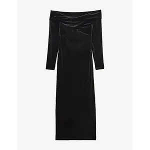 ALLSAINTS Delta Off-shoulder Long-sleeve Stretch-velvet Midi Dress - Black