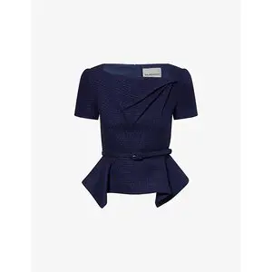 Roland Mouret Asymmetric-hem Belted Boucle Top - Navy