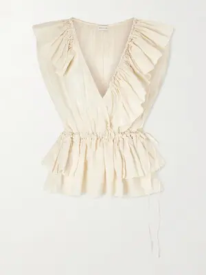 Dries Van Noten Ruffled Gathered Ramie Top - Ivory
