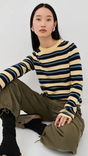 THE ELDER STATESMAN Laurel Stripe Crew Cashmere Pullover
