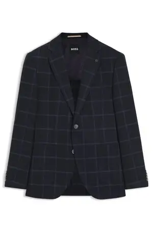 BOSS Checked Regular-fit Jacket In Comfort-stretch Cloth - Dark Blue