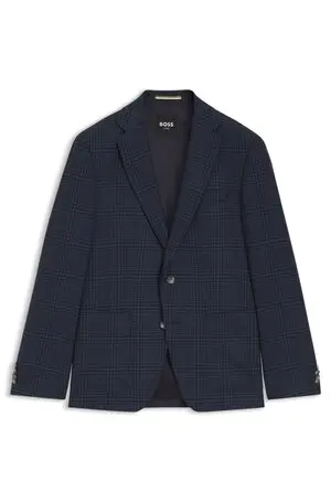 BOSS Checked Slim-fit Jacket In Virgin Wool - Light Blue