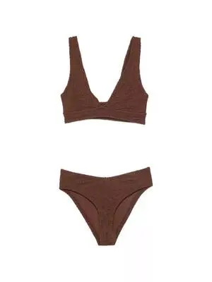 Hunza G V-Neck Wide Strap Crinkle Bikini Set Brown