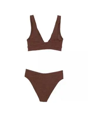 Hunza G V-neck Wide Strap Crinkle Bikini Set - Brown
