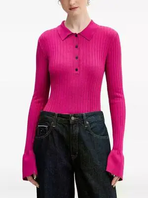 Karl Lagerfeld Ribbed Buttoned Polo Top - Pink