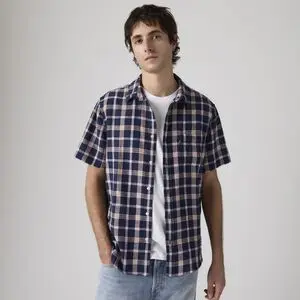 LEVI'S Short-sleeve Sunset One Pocket Cotton Linen Shirt - Sintra Plaid Dress Blues