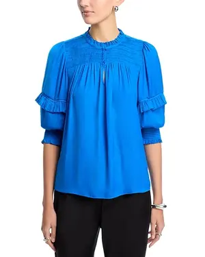 T Tahari Ruffled Three Quarter Sleeve Crewneck Blouse - Cobalt Stone