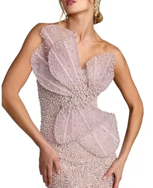 Mac Duggal Sequin Organza Strapless Bow Detail Column Gown - Mocha