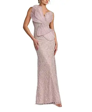 Mac Duggal Sequin Organza Strapless Bow Detail Column Gown - Mocha