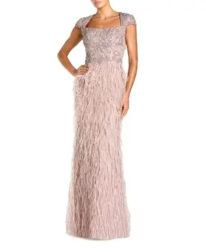 Mac Duggal Embellished Feather Gown - Mocha