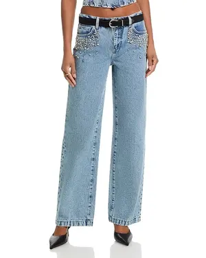 Women's Embellished High Rise Wide Leg Jeans
