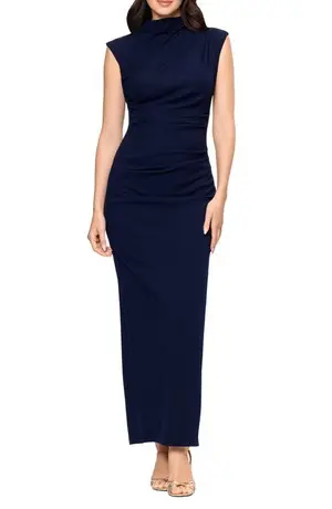 Betsy & Adam Pleated Sleeveless Column Gown - Navy