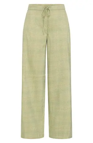ICHI Ihjoli Plaid Drawstring Straight Leg Pants - Green Check