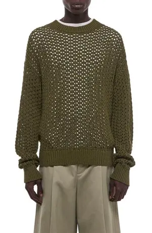 Helmut Lang Open Stitch Organic Cotton Blend Crewneck Sweater - Olive