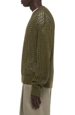 Helmut Lang Open Stitch Organic Cotton Blend Crewneck Sweater - Olive